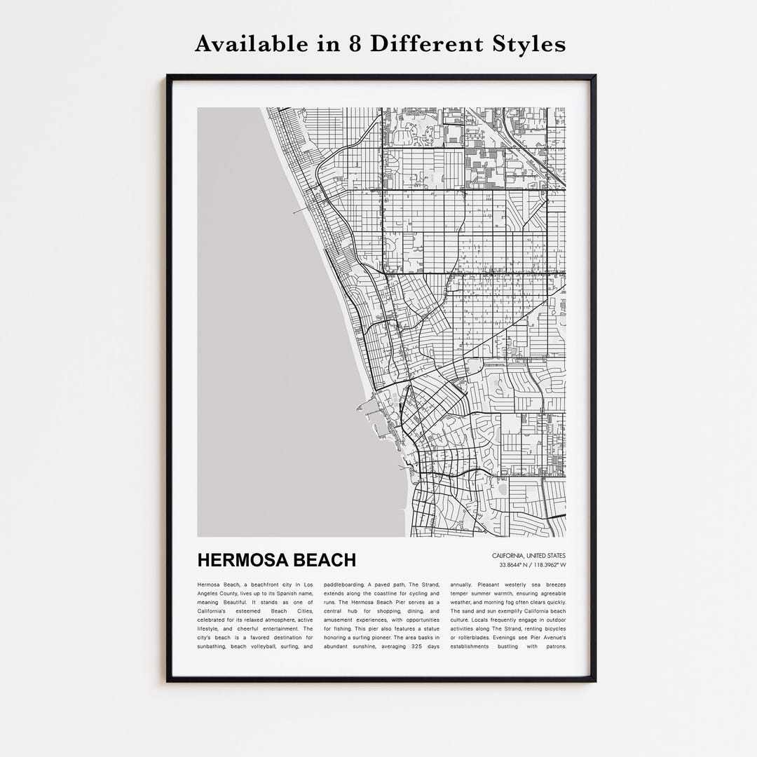 Hermosa Beach Map Print, Hermosa Beach Travel Map, Hermosa Beach Wall ...