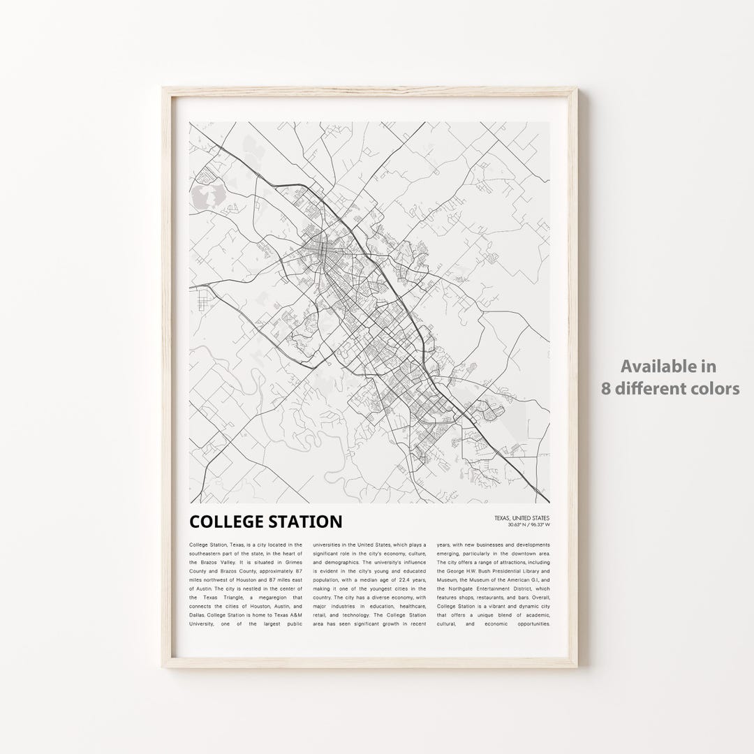 College Station Map Print, College Station Travel Map, College Station ...