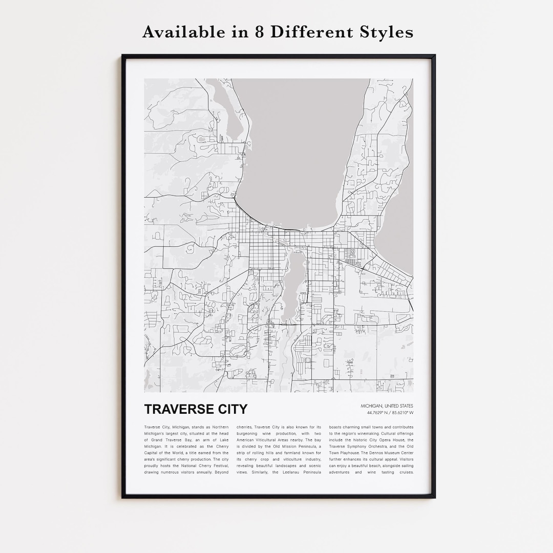 Traverse City Map Print, Traverse City Travel Map, Traverse City Wall ...