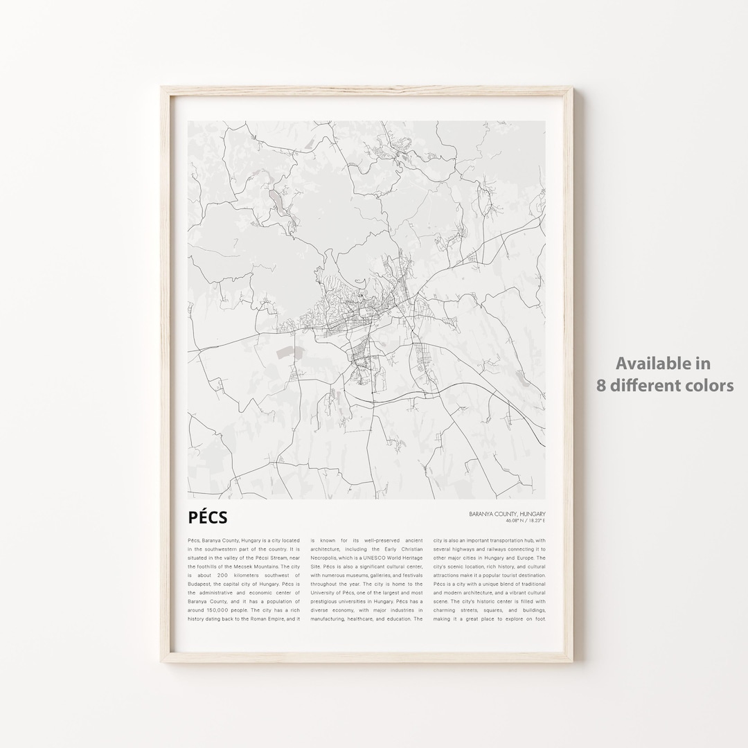 Pécs Map Print, Pécs Travel Map, Pécs Wall Decor Art, Pécs Baranya ...