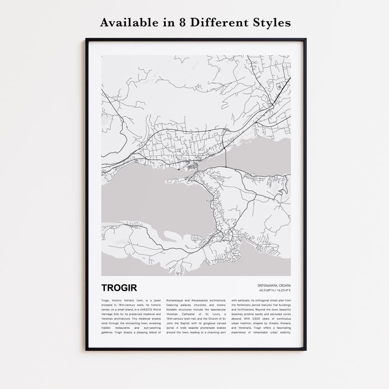 Trogir Map Print, Trogir Travel Map, Trogir Wall Decor Art, Trogir ...