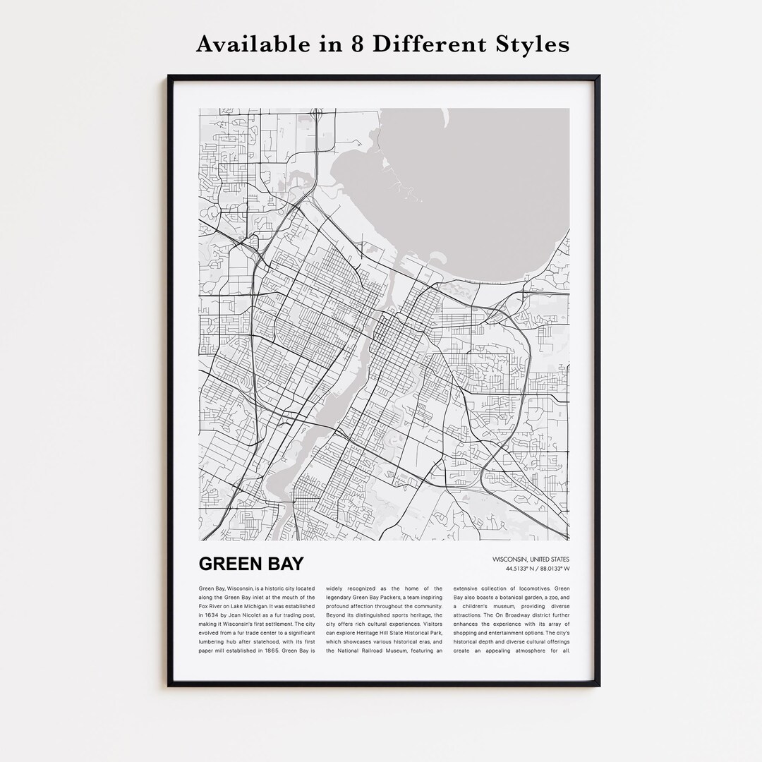 Green Bay Map Print, Green Bay Travel Map, Green Bay Wall Decor Art ...