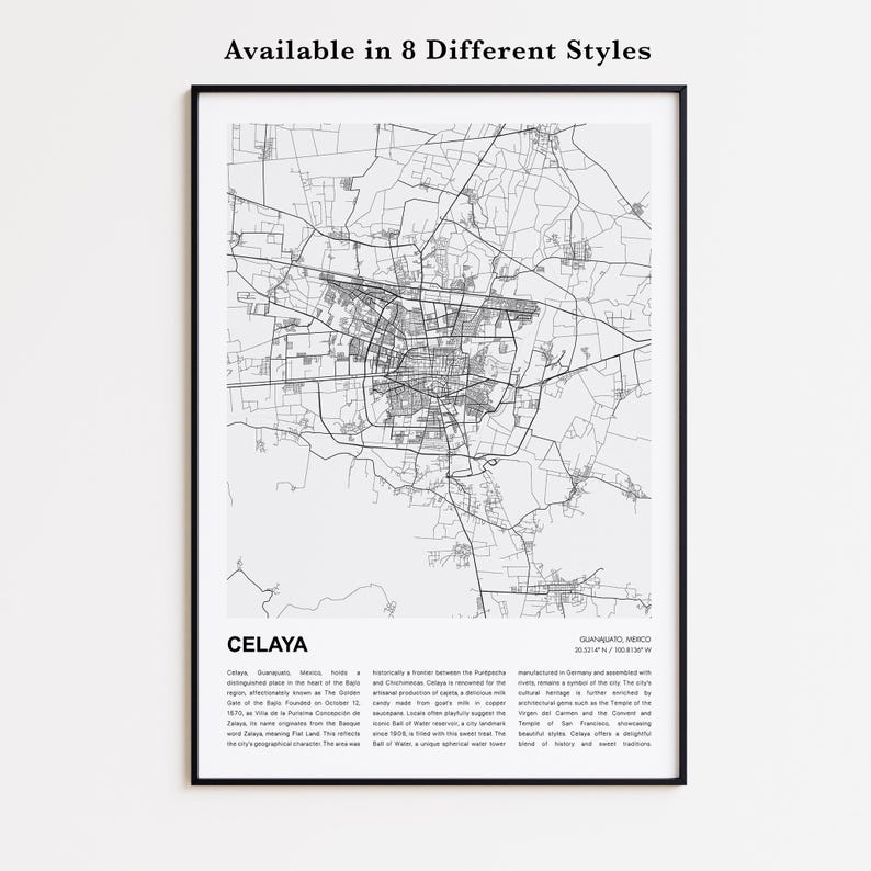 Celaya Map Print, Celaya Travel Map, Celaya Wall Decor Art, Celaya ...