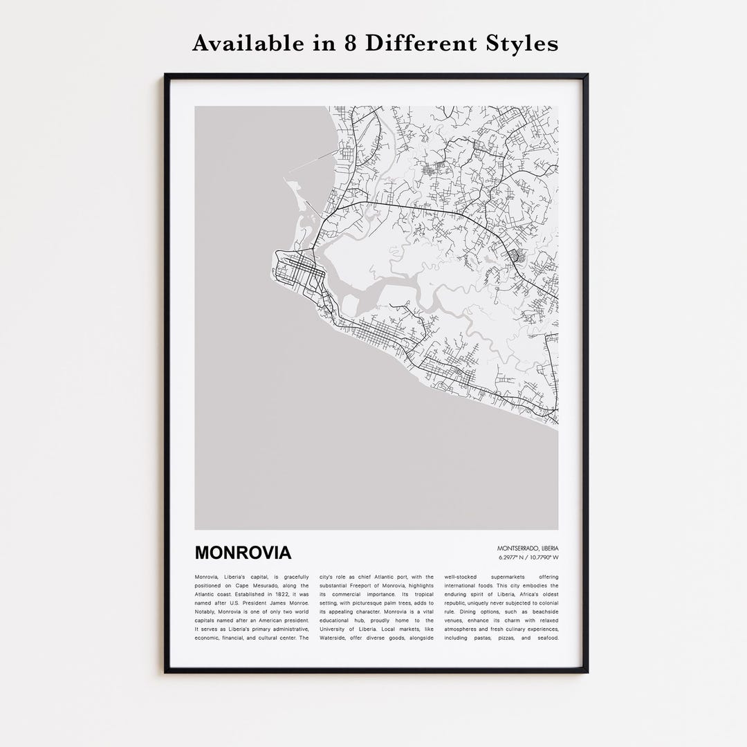 Monrovia Map Print, Monrovia Travel Map, Monrovia Wall Decor Art ...