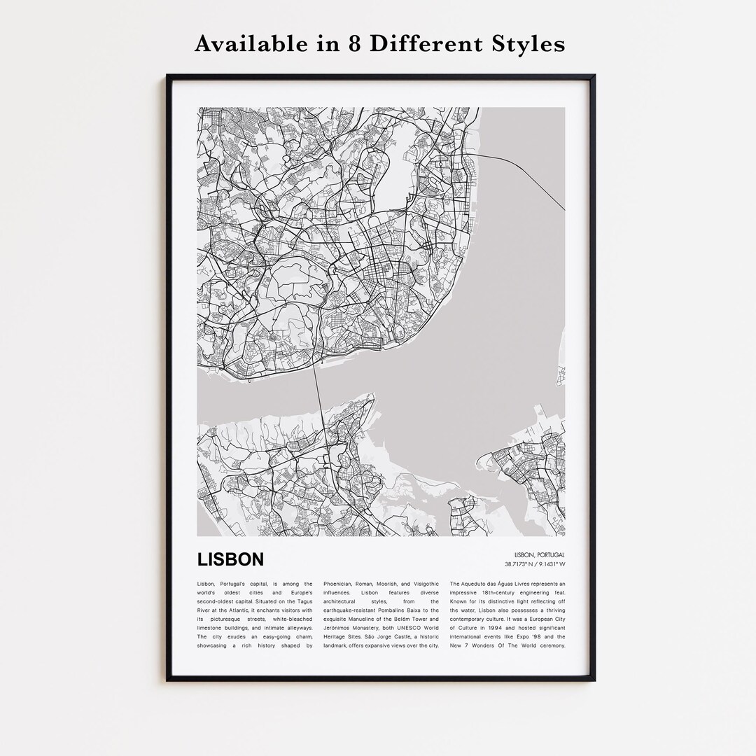 Lisbon Map Print, Lisbon Travel Map, Lisbon Wall Decor Art, Lisbon ...
