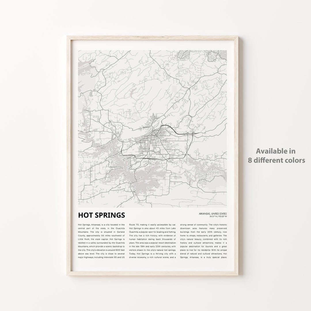 Hot Springs Map Print, Hot Springs Travel Map, Hot Springs Wall Decor ...