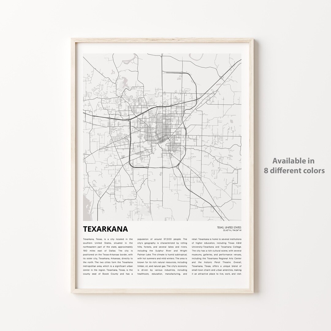 Texarkana Map Print, Texarkana Travel Map, Texarkana Wall Decor Art ...