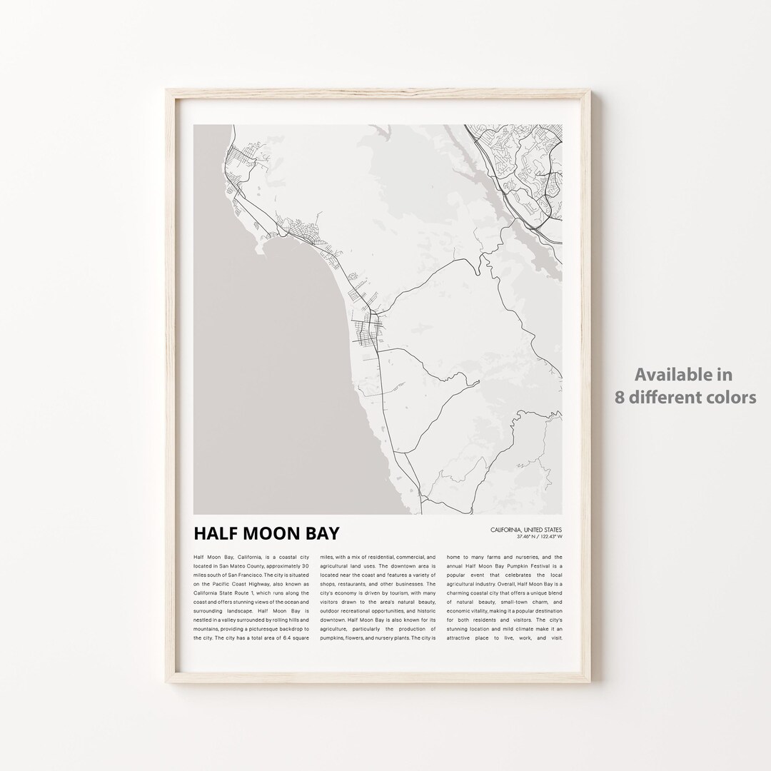 Half Moon Bay Map Print, Half Moon Bay Travel Map, Half Moon Bay Wall ...