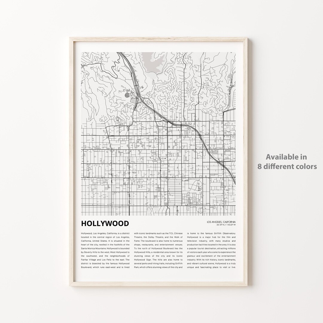 Hollywood Map Print, Hollywood Travel Map, Hollywood Wall Decor Art ...