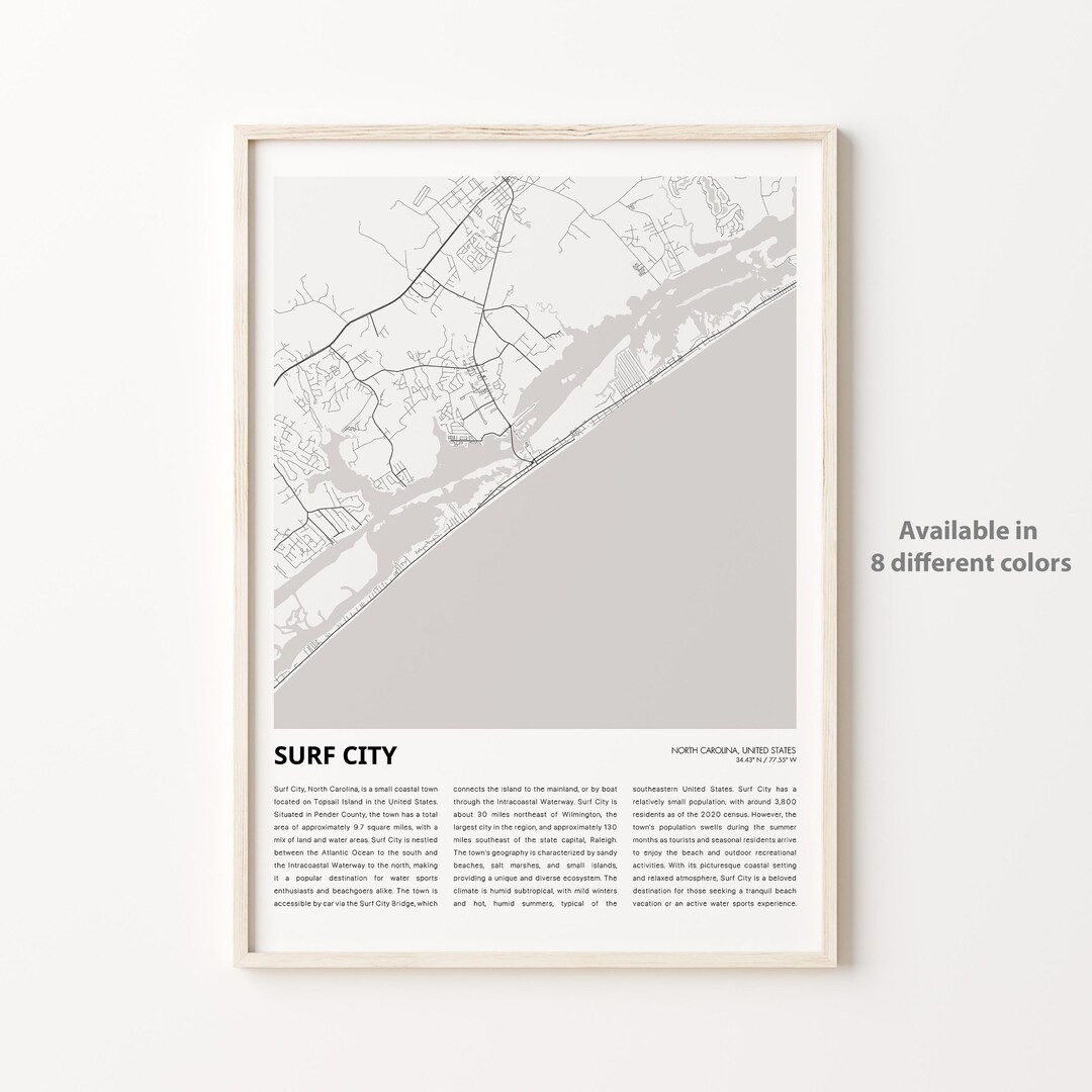 Surf City Map Print, Surf City Travel Map, Surf City Wall Decor Art ...