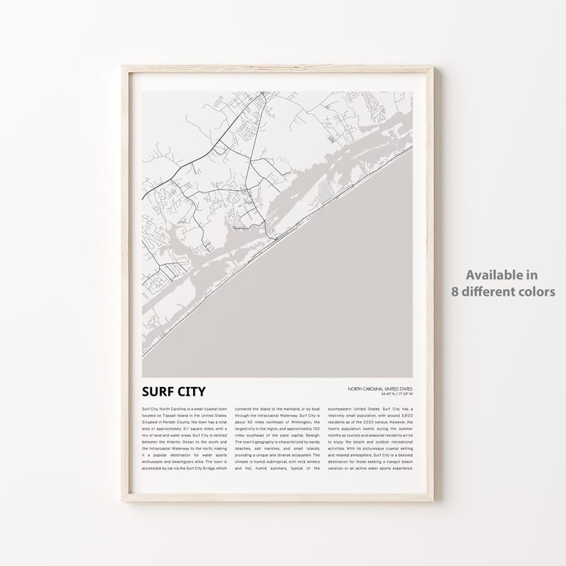 Surf City Map Print, Surf City Travel Map, Surf City Wall Decor Art ...