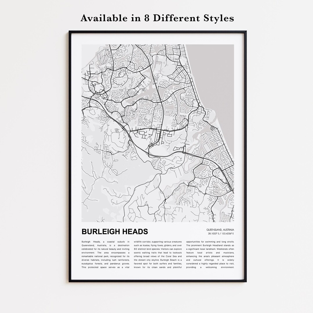 Burleigh Heads Map Print, Burleigh Heads Travel Map, Burleigh Heads ...