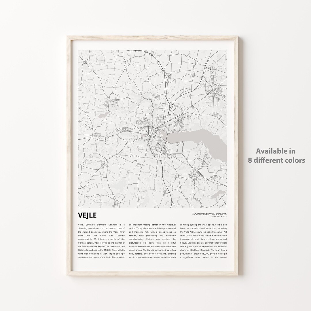 Vejle Map Print, Vejle Travel Map, Vejle Wall Decor Art, Vejle Southern ...