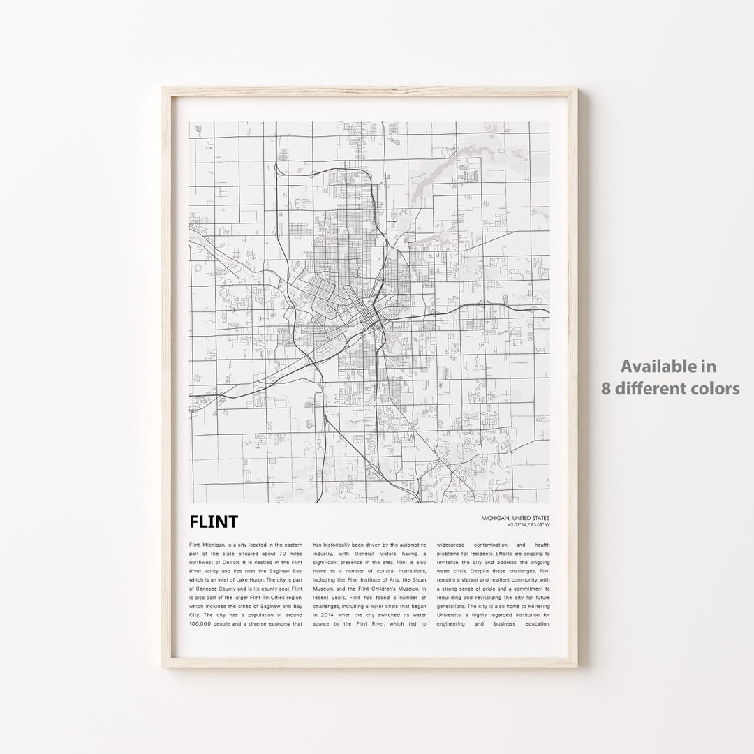 Flint Map Print, Flint Travel Map, Flint Wall Decor Art, Flint Michigan ...