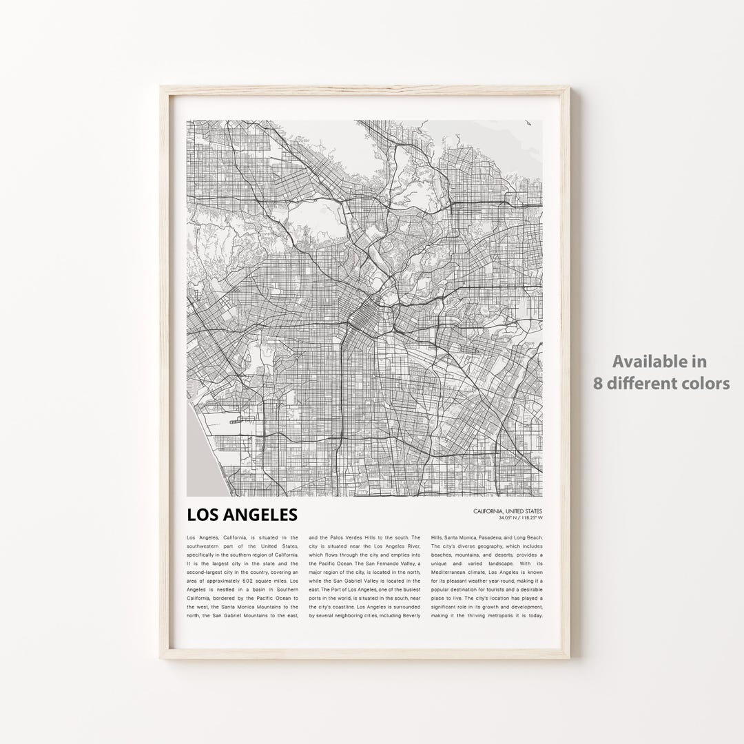 Los Angeles Map Print, Los Angeles Travel Map, Los Angeles Wall Decor ...
