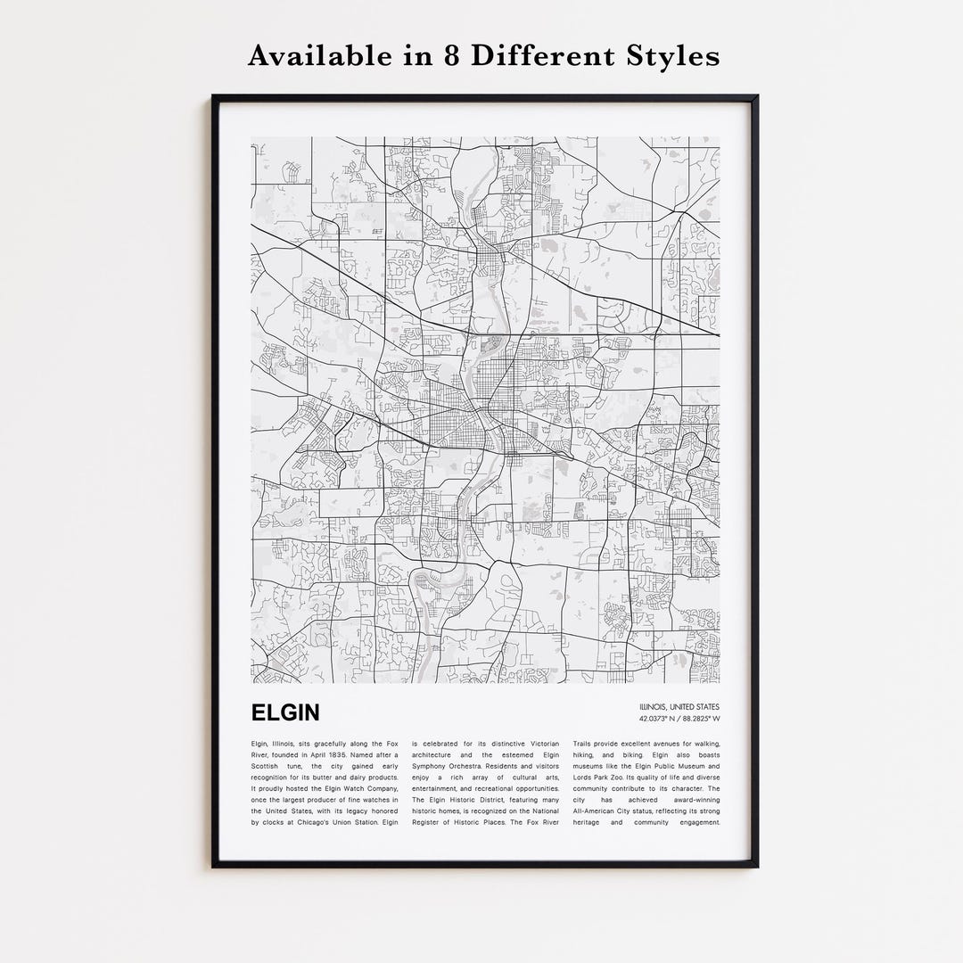 Elgin Map Print, Elgin Travel Map, Elgin Wall Decor Art, Elgin Illinois ...