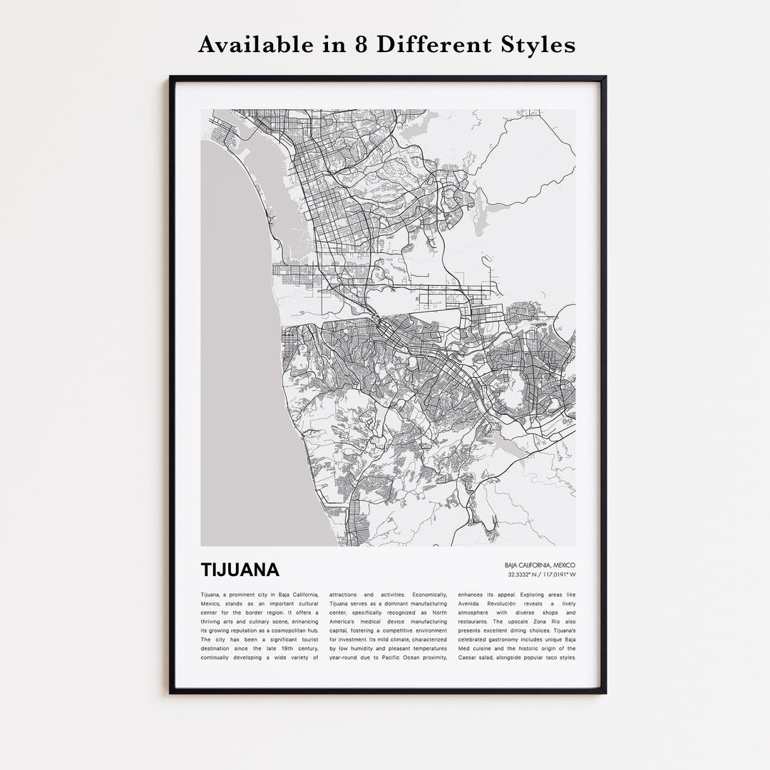 Tijuana Map Print, Tijuana Travel Map, Tijuana Wall Decor Art, Tijuana ...