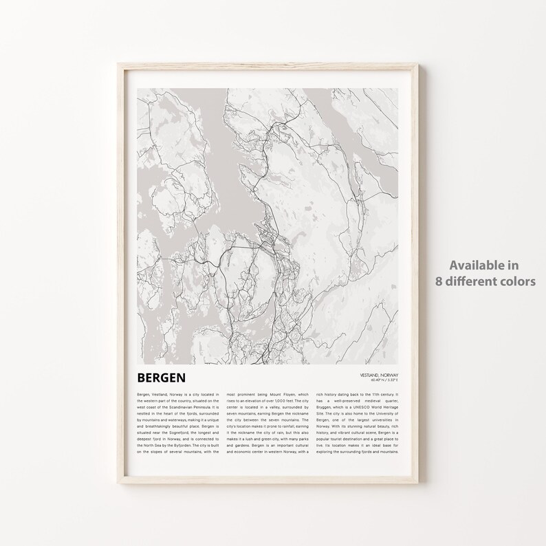 Bergen Map Print, Bergen Travel Map, Bergen Wall Decor Art, Bergen ...