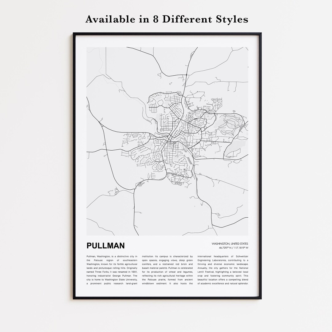 Pullman Map Print, Pullman Travel Map, Pullman Wall Decor Art, Pullman ...