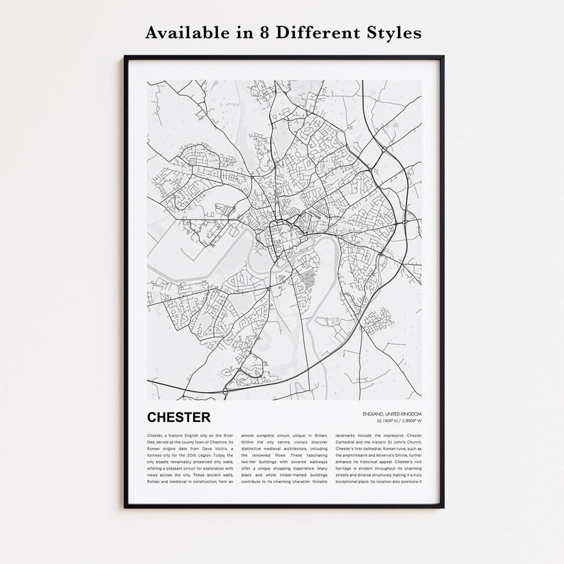 Chester Map Print, Chester Travel Map, Chester Wall Decor Art, Chester ...