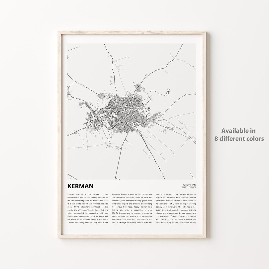 Kerman Map Print, Kerman Travel Map, Kerman Wall Decor Art, Kerman ...