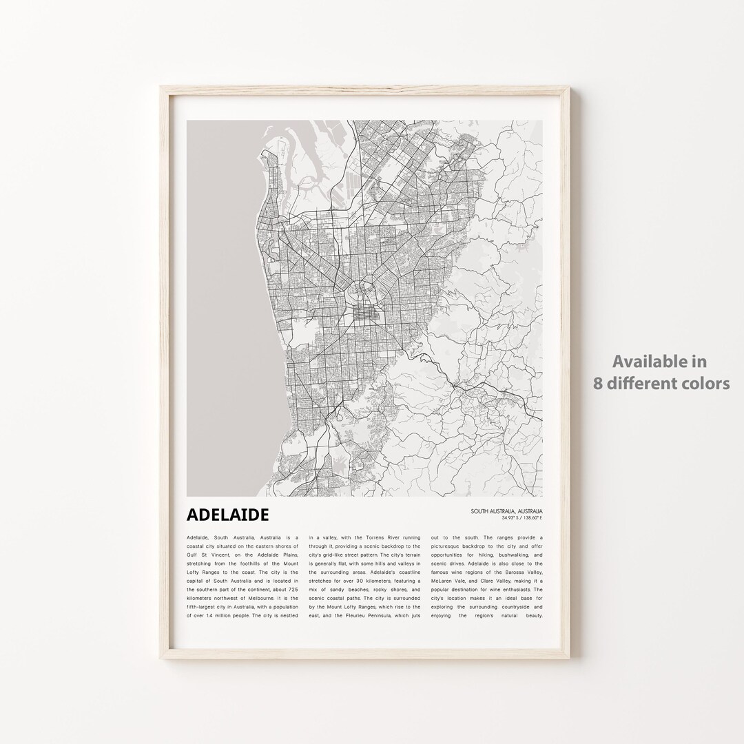 Adelaide Map Print, Adelaide Travel Map, Adelaide Wall Decor Art ...