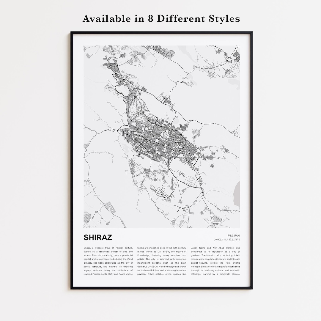 Shiraz Map Print, Shiraz Travel Map, Shiraz Wall Decor Art, Shiraz Fars ...