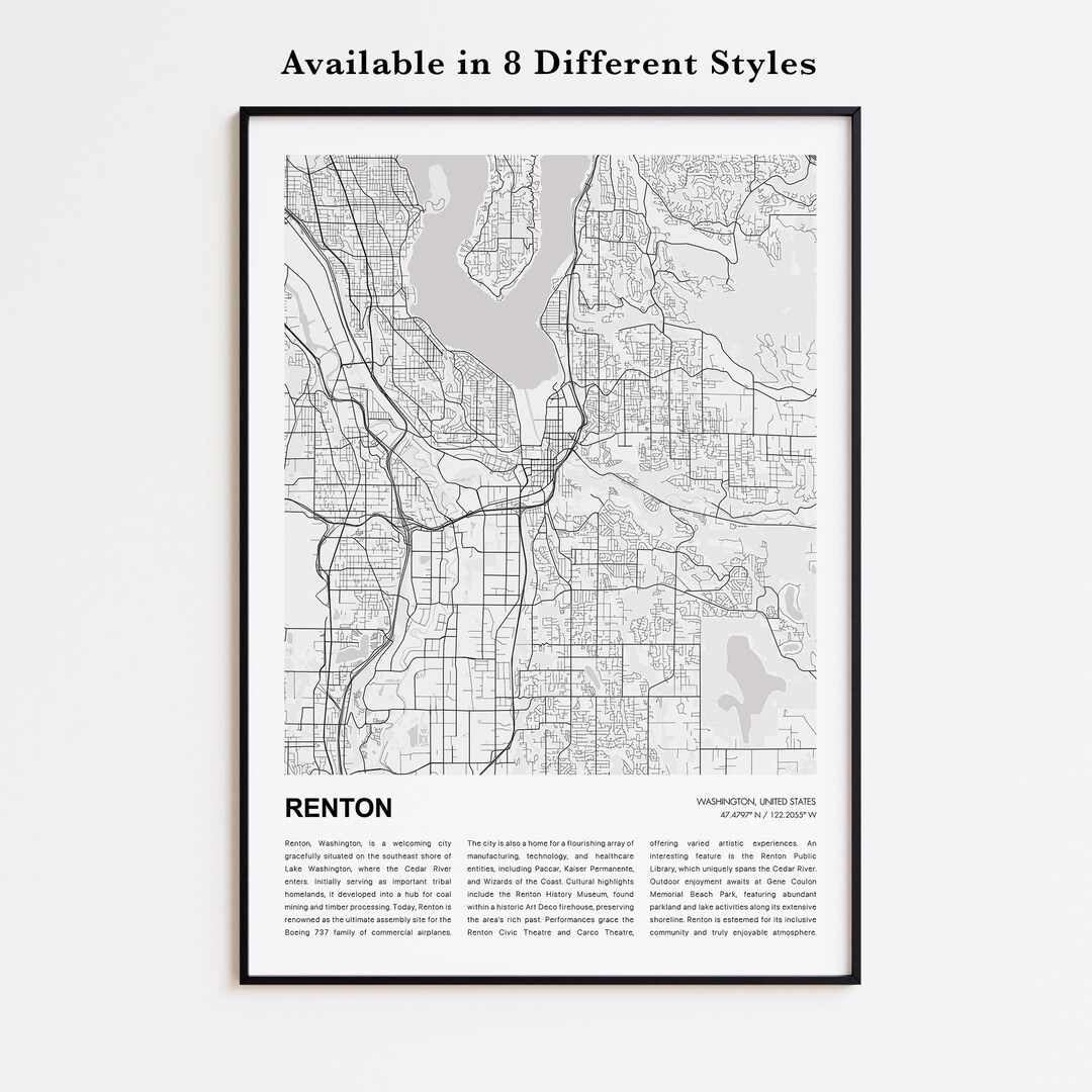 Renton Map Print, Renton Travel Map, Renton Wall Decor Art, Renton ...