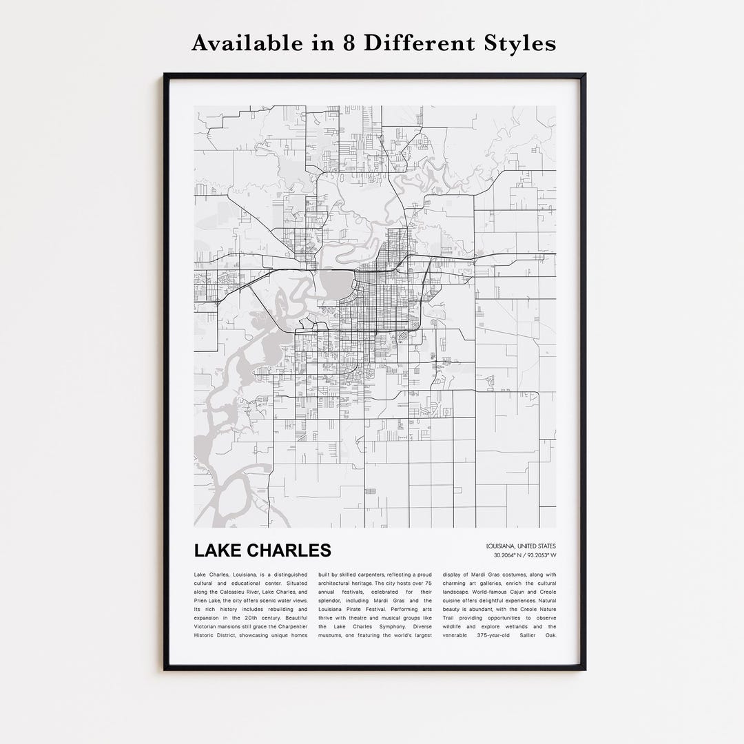 Lake Charles Map Print, Lake Charles Travel Map, Lake Charles Wall ...