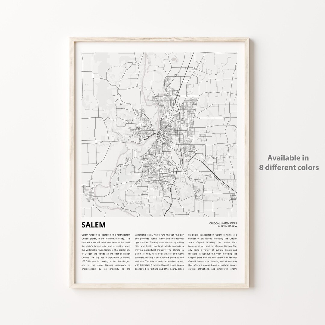 Salem Map Print, Salem Travel Map, Salem Wall Decor Art, Salem Oregon ...