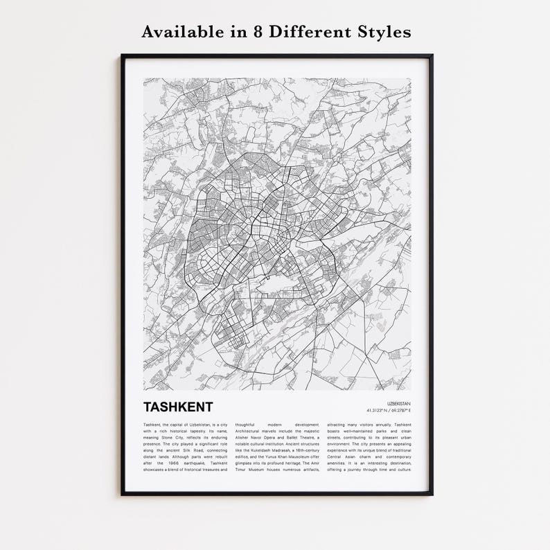Tashkent Map Print, Tashkent Travel Map, Tashkent Wall Decor Art ...