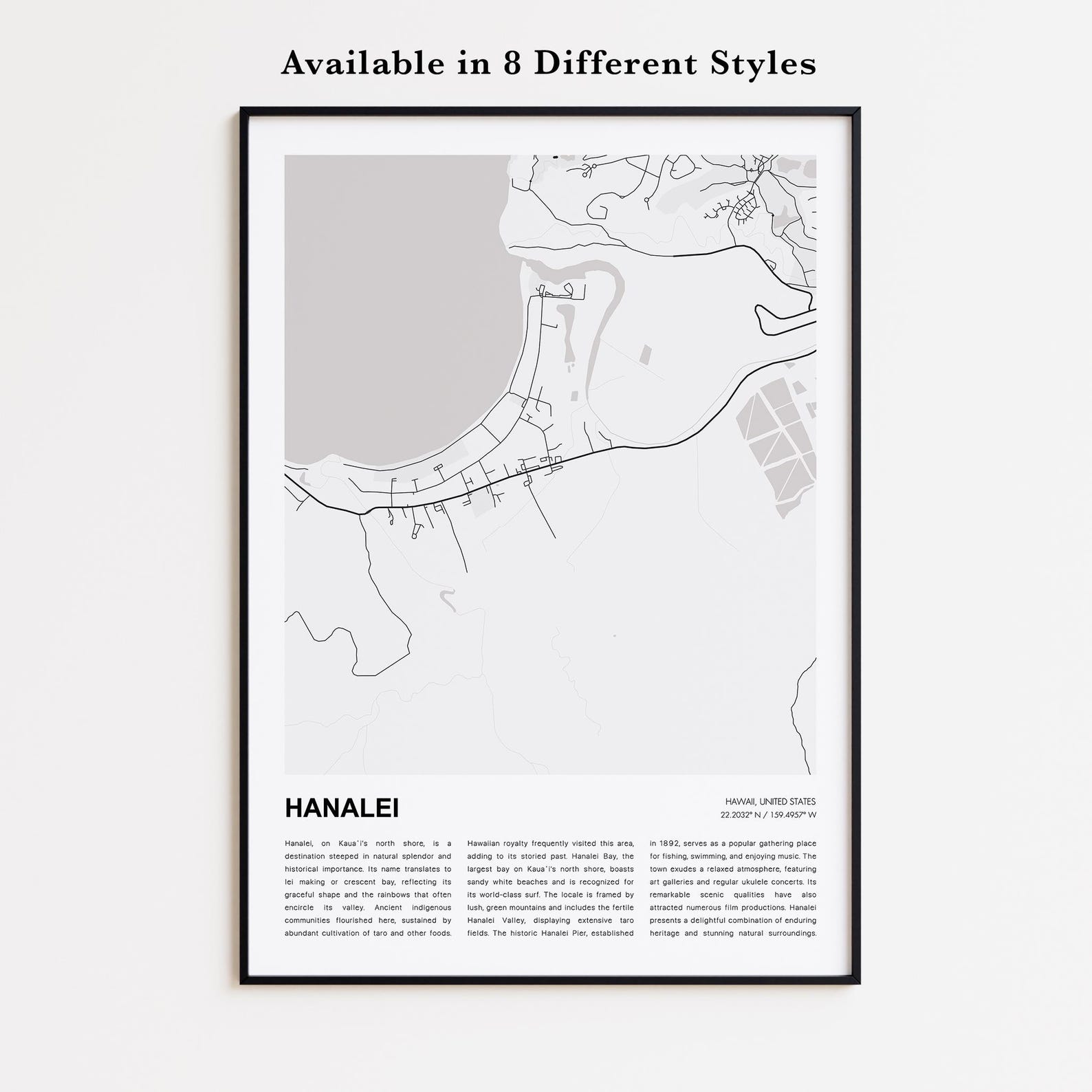 Hanalei Map Print, Hanalei Travel Map, Hanalei Wall Decor Art, Hanalei ...
