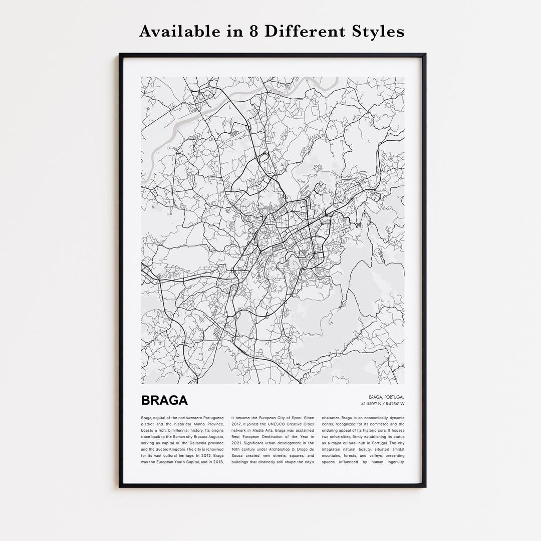 Braga Map Print, Braga Travel Map, Braga Wall Decor Art, Braga Braga ...