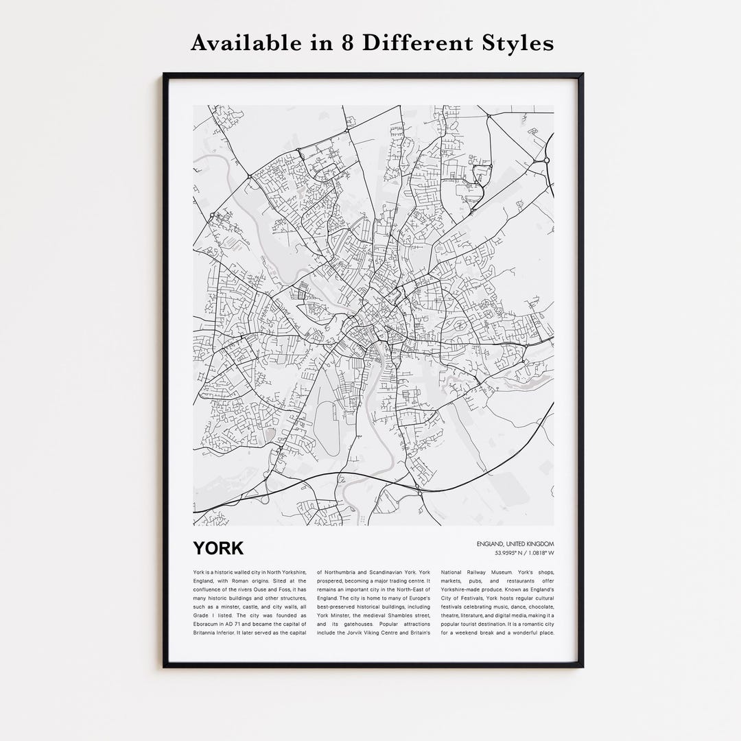 York Map Print, York Travel Map, York Wall Decor Art, York England ...