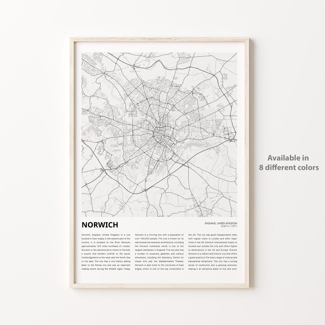 Norwich Map Print, Norwich Travel Map, Norwich Wall Decor Art, Norwich ...