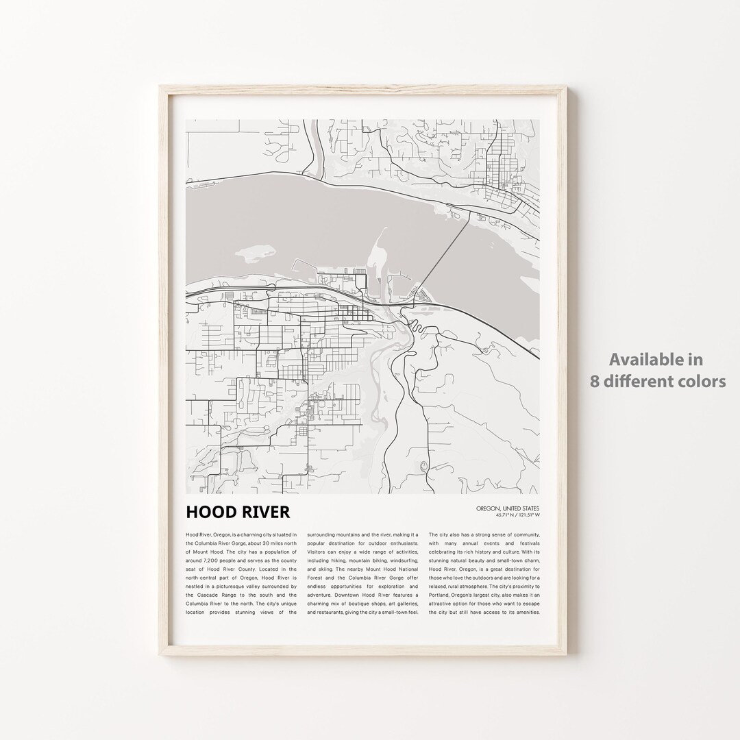 Hood River Map Print, Hood River Travel Map, Hood River Wall Decor Art, Hood River Oregon ...