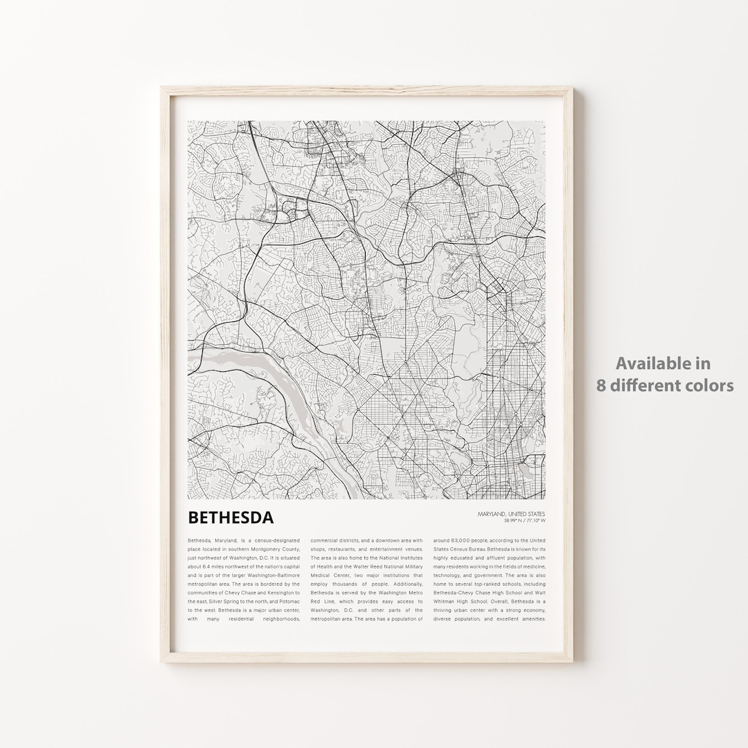 Bethesda Map Print, Bethesda Travel Map, Bethesda Wall Decor Art ...