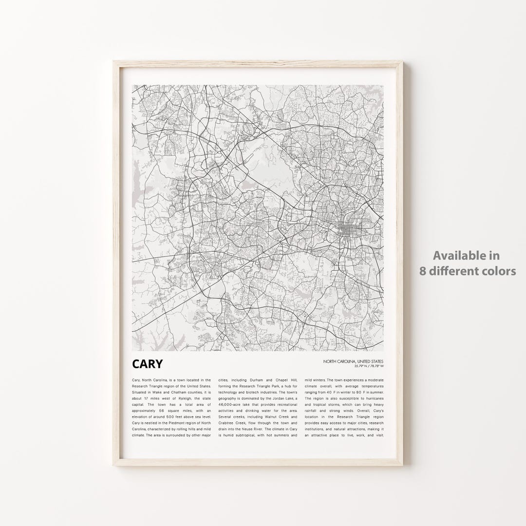 Cary Map Print, Cary Travel Map, Cary Wall Decor Art, Cary North ...