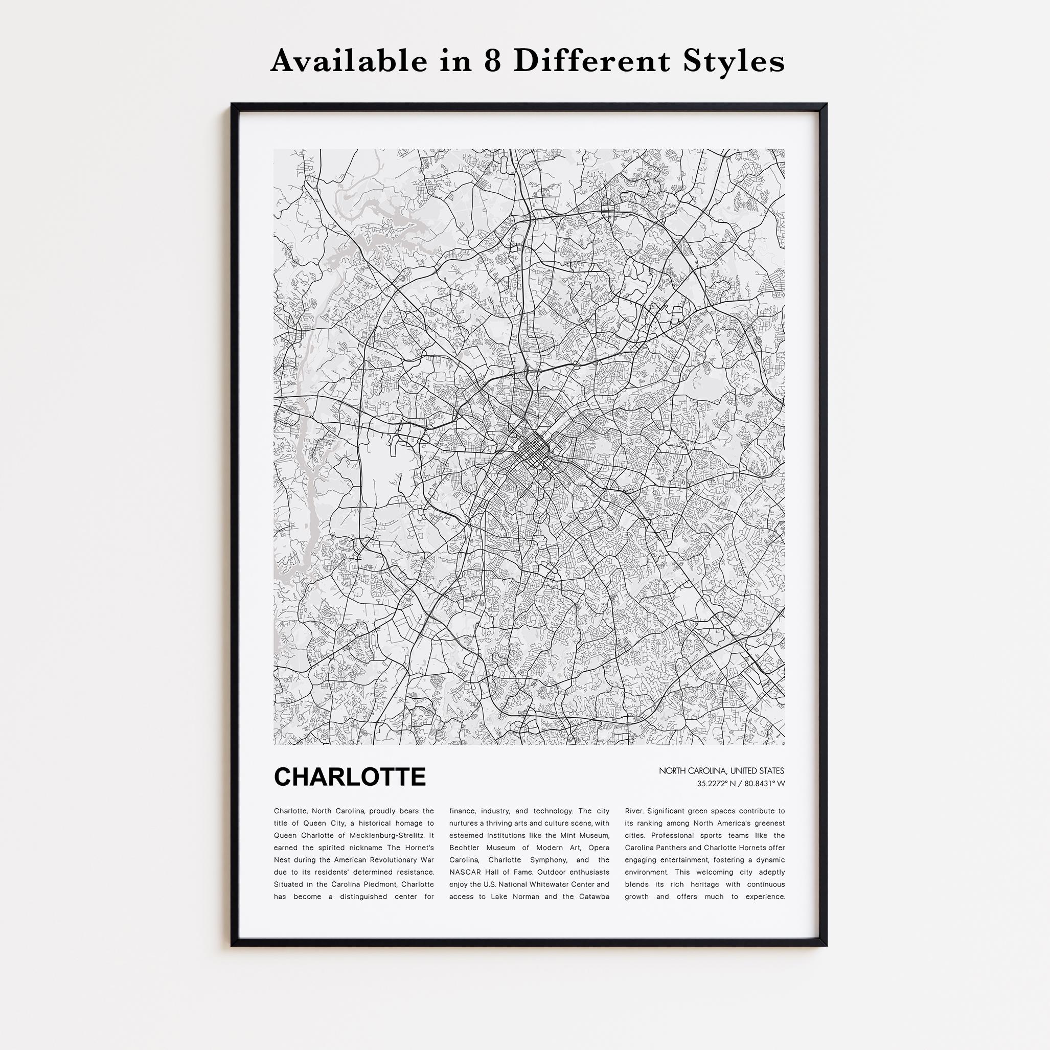 Charlotte Map Print, Charlotte Travel Map, Charlotte Wall Decor Art ...