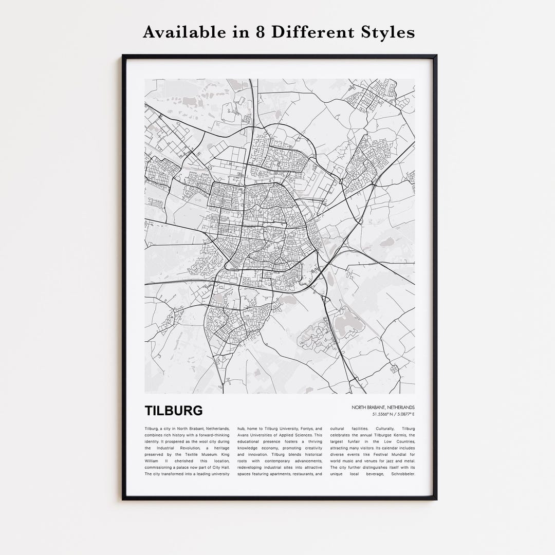 Tilburg Map Print, Tilburg Travel Map, Tilburg Wall Decor Art, Tilburg ...