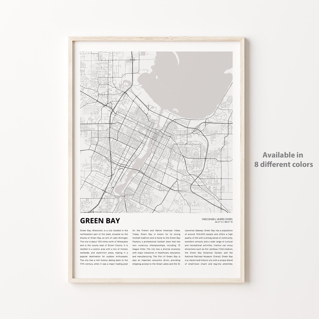 Green Bay Map Print, Green Bay Travel Map, Green Bay Wall Decor Art ...