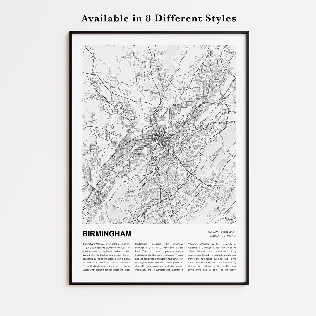 Birmingham Map Print, Birmingham Travel Map, Birmingham Wall Decor Art ...