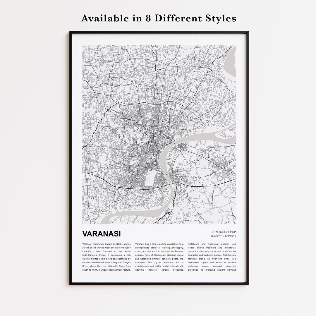 Varanasi Map Print, Varanasi Travel Map, Varanasi Wall Decor Art ...