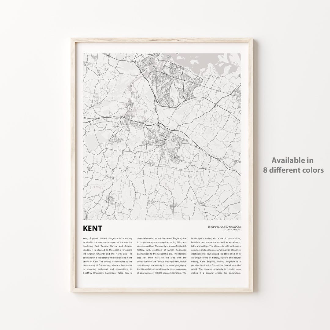 Kent Map Print, Kent Travel Map, Kent Wall Decor Art, Kent England ...