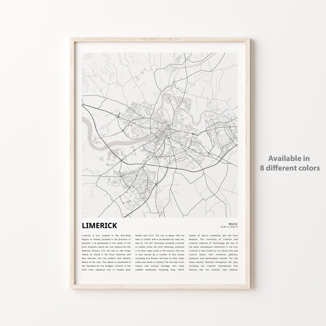 Limerick Map Print, Limerick Travel Map, Limerick Wall Decor Art ...