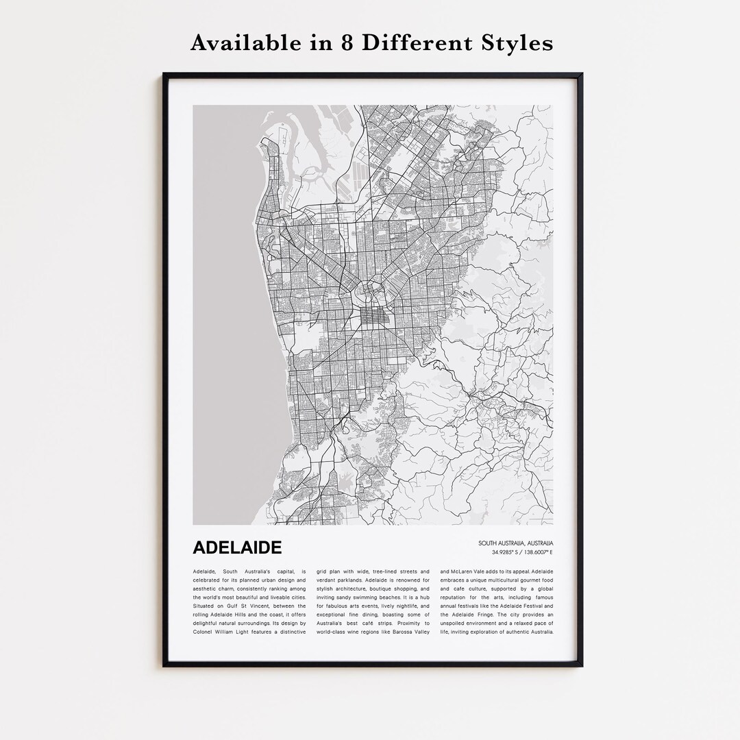 Adelaide Map Print, Adelaide Travel Map, Adelaide Wall Decor Art ...