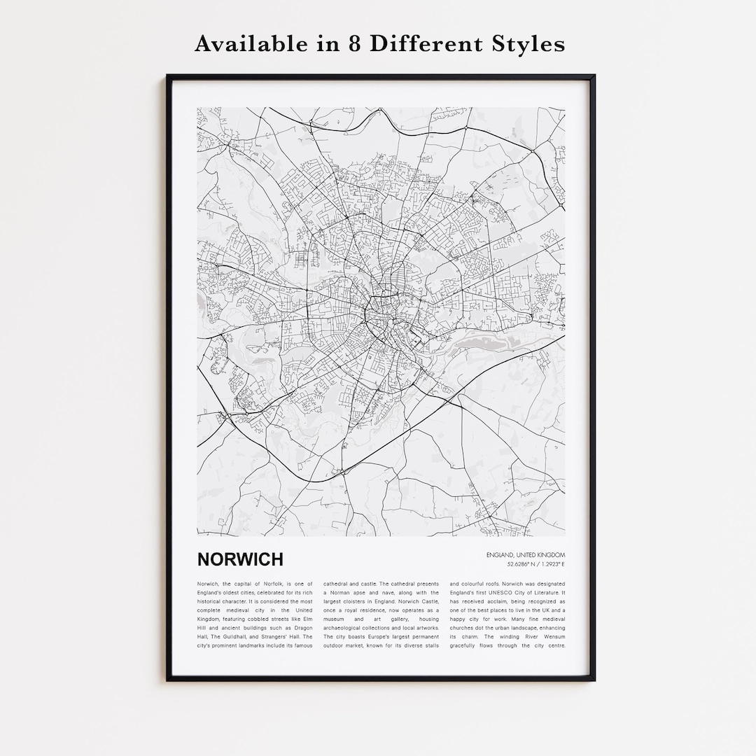 Norwich Map Print, Norwich Travel Map, Norwich Wall Decor Art, Norwich ...