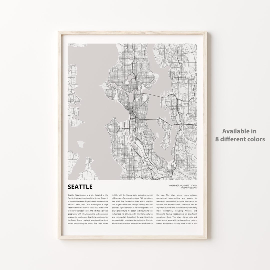 Seattle Map Print, Seattle Travel Map, Seattle Wall Decor Art, Seattle ...