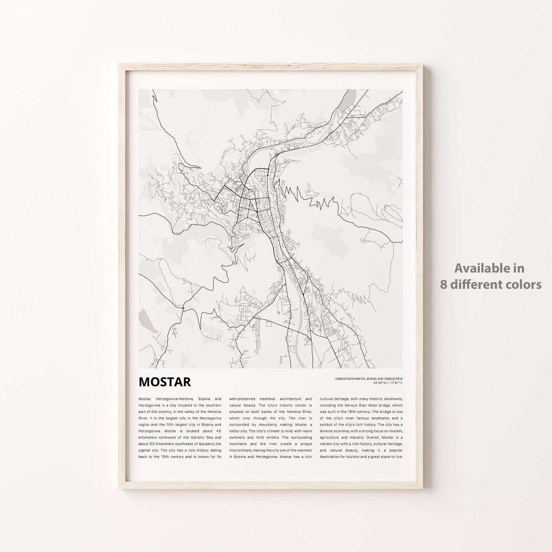 Mostar Map Print, Mostar Travel Map, Mostar Wall Decor Art, Mostar ...