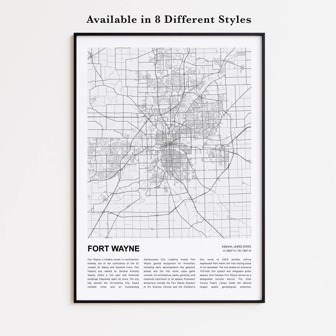 Fort Wayne Map Print, Fort Wayne Travel Map, Fort Wayne Wall Decor Art ...